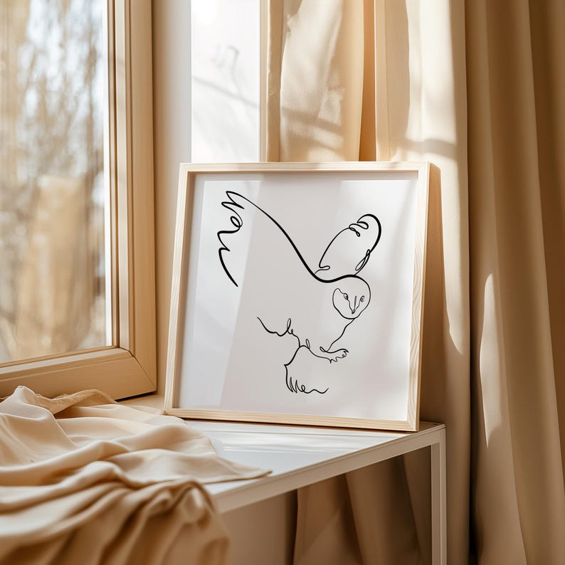 Minimalist Barn Owl Line Art Print: Black and White Night Bird (digital ...