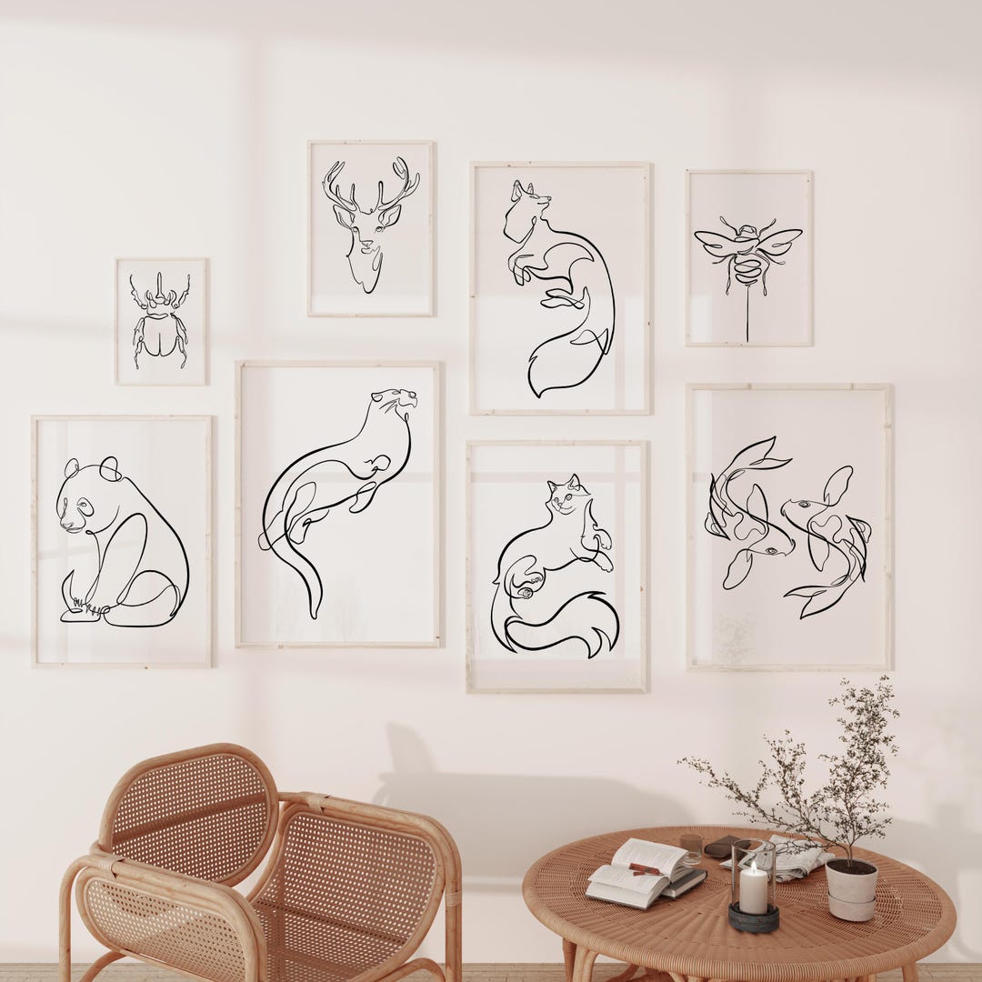 Minimalist Animal Line Art Prints: Otter, Bee, Fox, Panda (digital ...