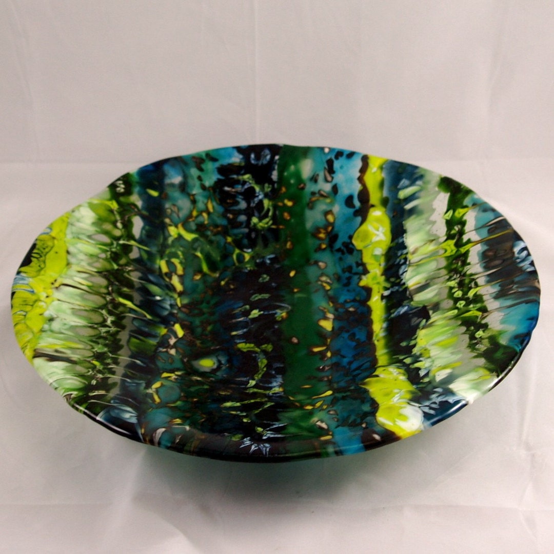 Fused Glass Bowl Boiled Blues and Greens - Etsy
