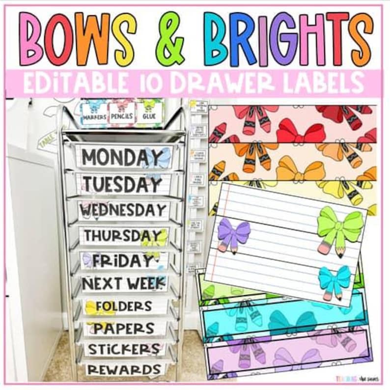 Editable 10 Drawer Cart Labels | Bows & Brights Theme | Colorful ...