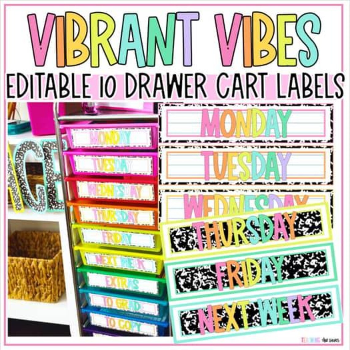 Vibrant Vibes Composition Notebook Colorful Editable 10 Drawer Cart ...