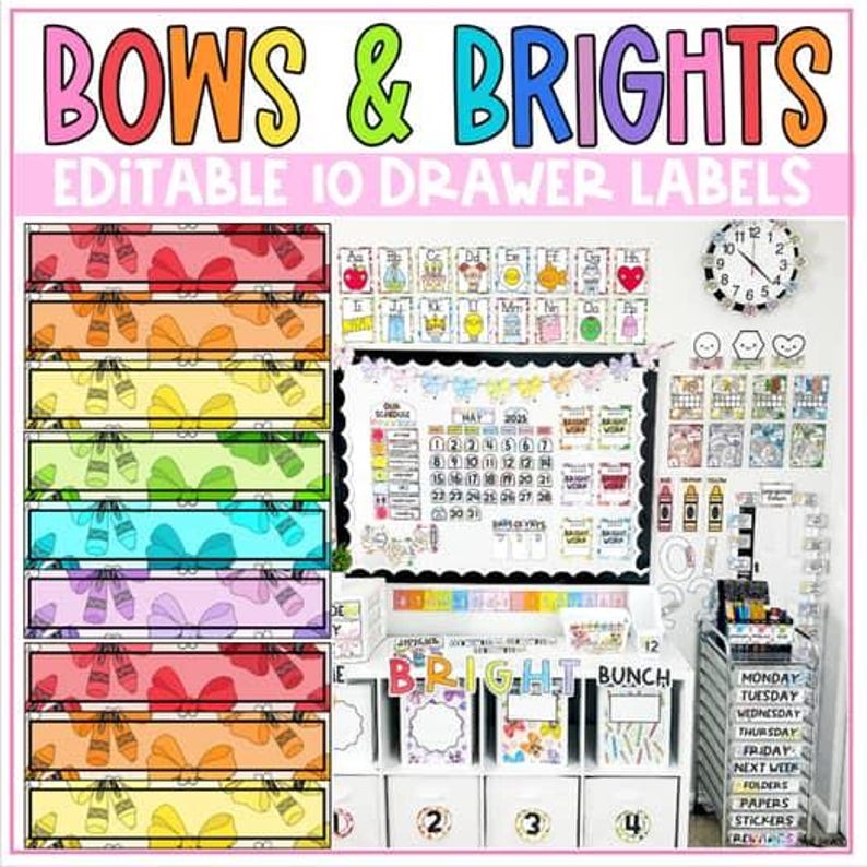Editable 10 Drawer Cart Labels | Bows & Brights Theme | Colorful ...