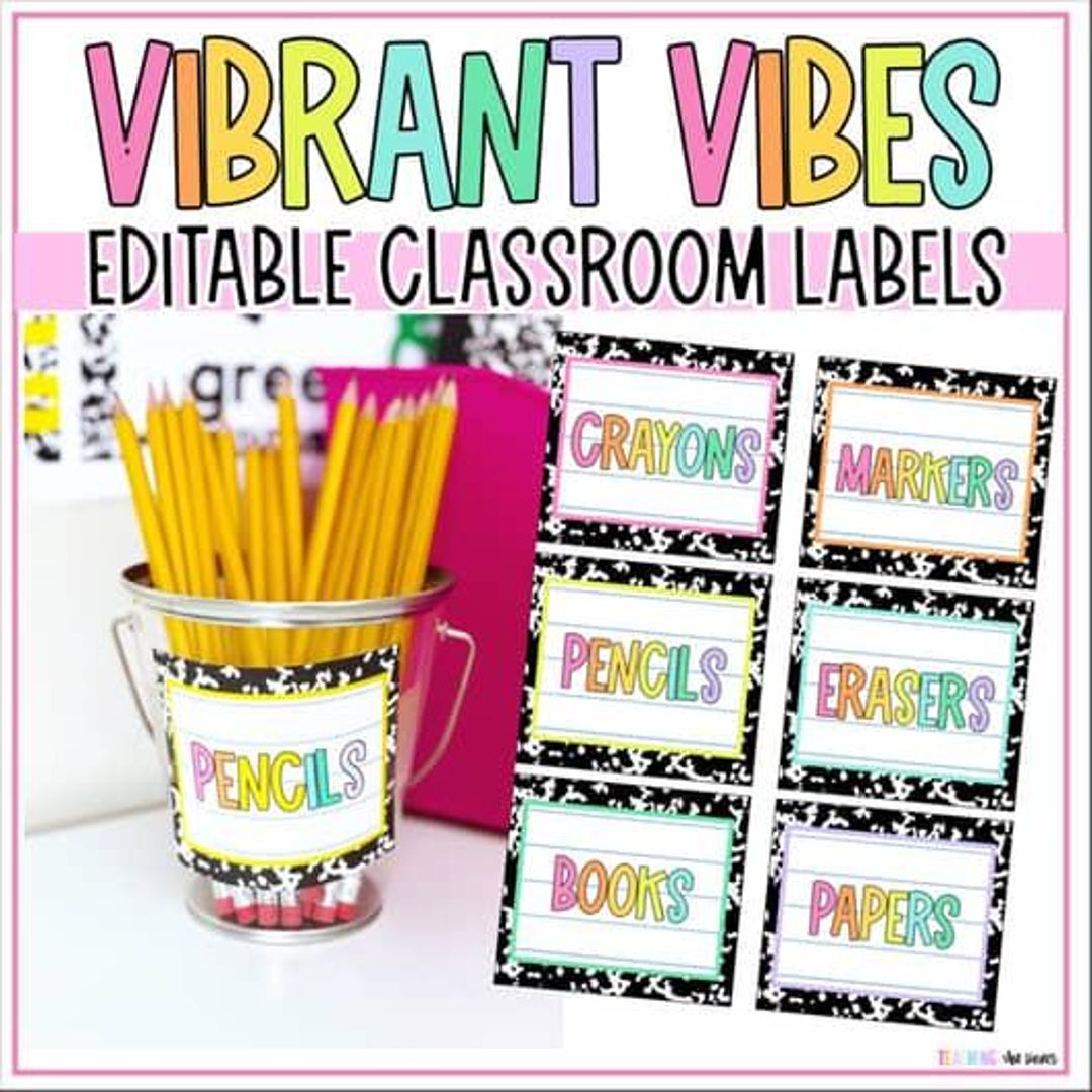 Vibrant Vibes Composition Notebook Colorful Editable Classroom Labels ...