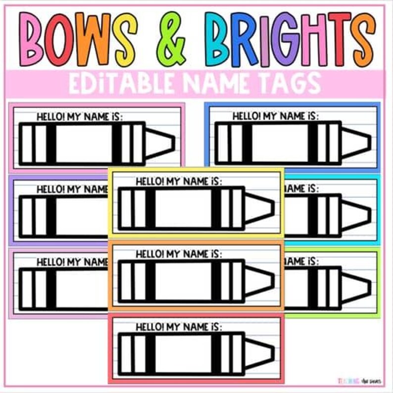 Crayon Editable Name Tags | Bows & Brights Rainbow Colorful Classroom ...