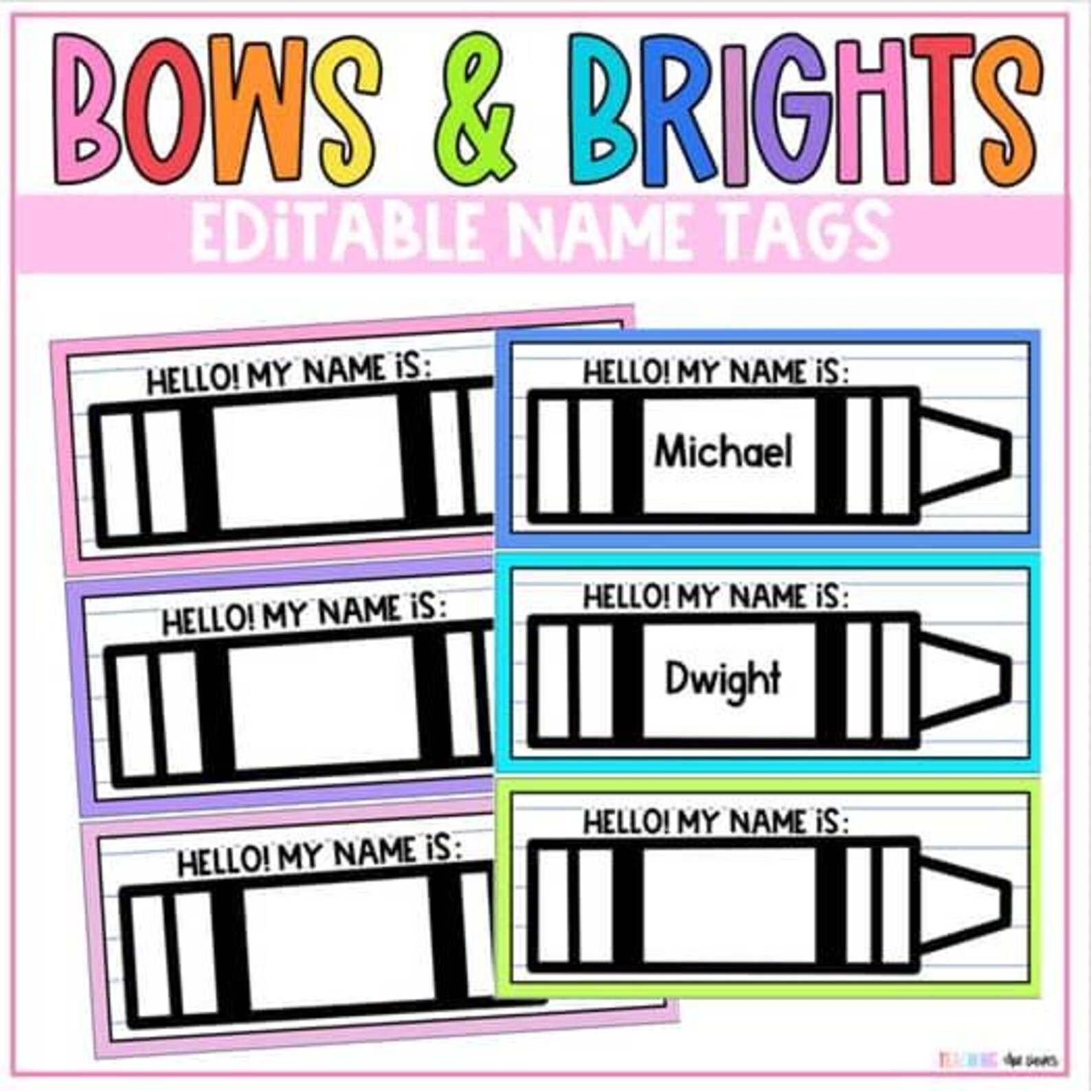 Crayon Editable Name Tags | Bows & Brights Rainbow Colorful Classroom ...