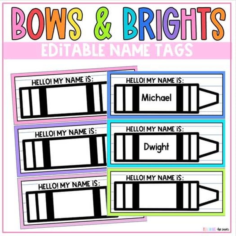 Crayon Editable Name Tags | Bows & Brights Rainbow Colorful Classroom ...