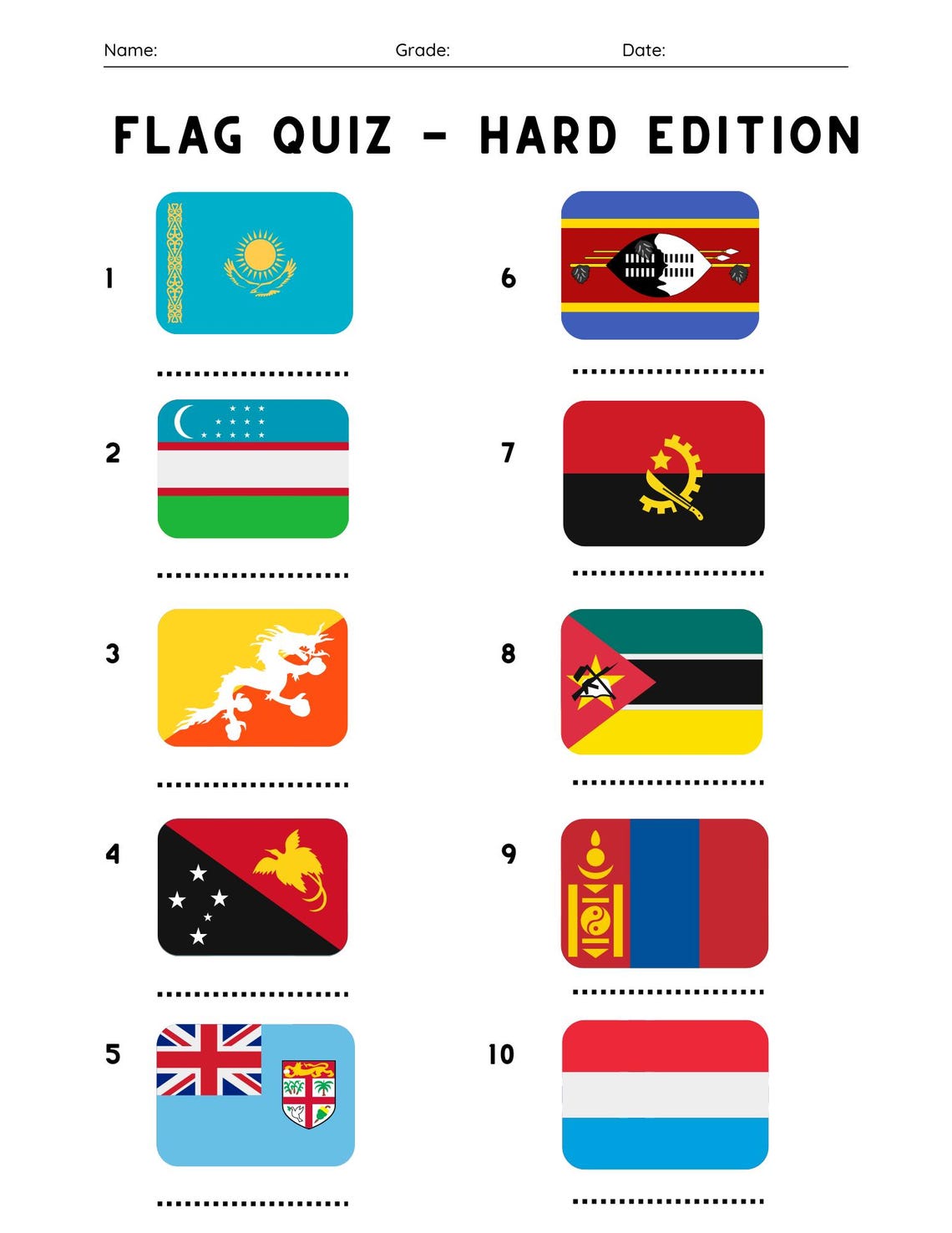 Hard World Flag Quiz – Printable Geography Challenge | Difficult Fill ...