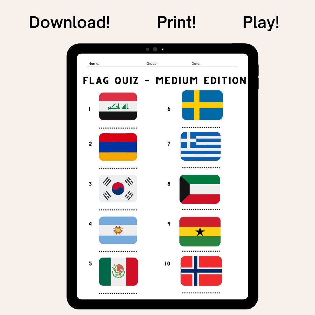 World Flags Quiz | Medium Difficulty Printable Flag Quiz | Geography ...