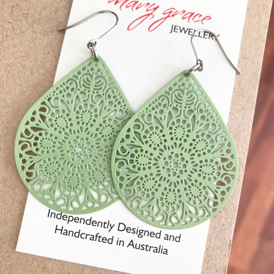 Light Sage Green Dangle Earrings Teardrop Filigree Earrings - Etsy