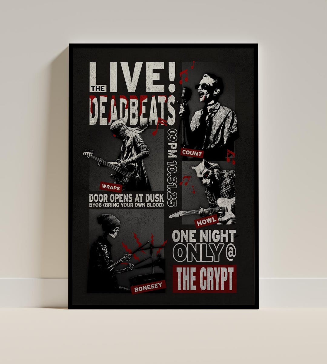 The Deadbeats Retro Monster Band Poster | 1950s Rock & Roll Halloween ...