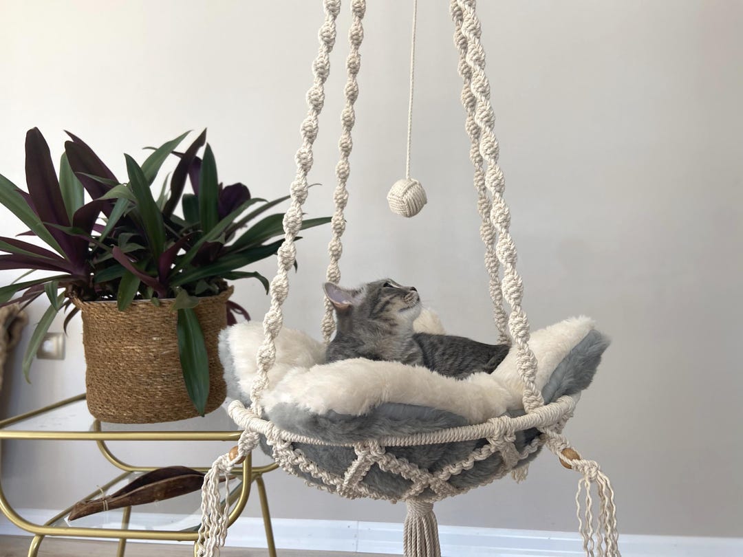 Macrame Cat Hammock, Cat Bed With Plush Cushion, Cat Tree, Handmade ...