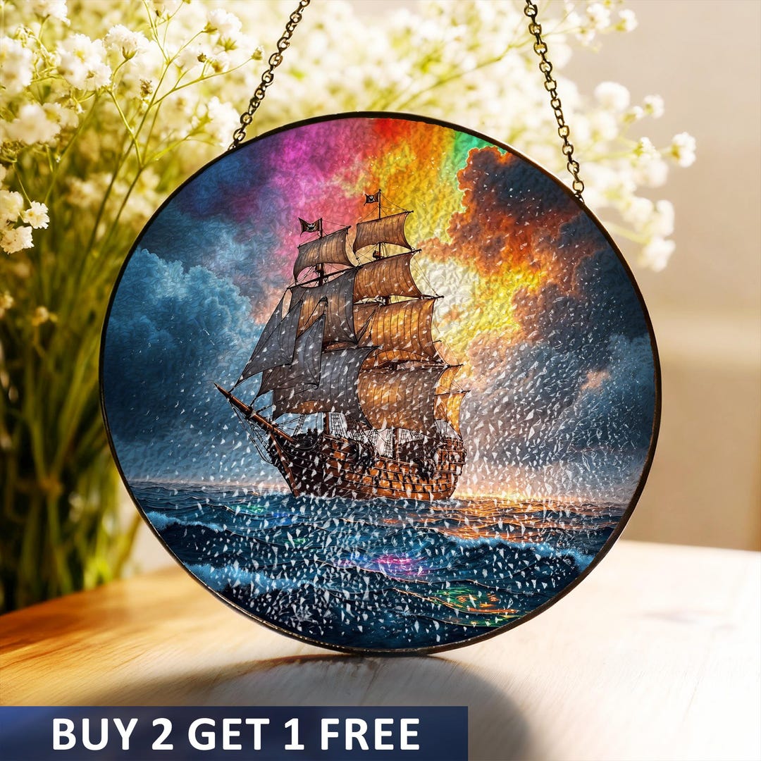 Pirate Ship Suncatcher Stained Glass Style Ocean Window Hanging ...