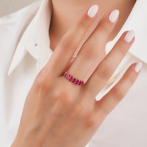 14K Solid Gold Ruby Ring, Oval Cut Half Eternity Ruby Ring, Stackable Natural Genuine Ruby Ring ...