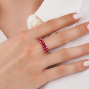 14K Solid Gold Ruby Ring, Oval Cut Half Eternity Ruby Ring, Stackable Natural Genuine Ruby Ring ...