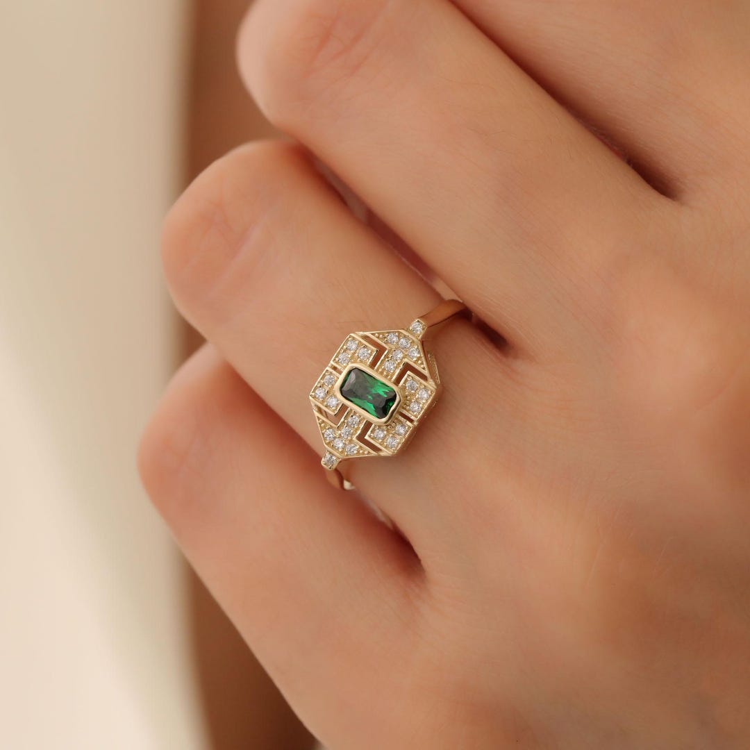 14k Solid Gold Green Emerald Ring, Green Gemstone Anniversary Ring, May ...