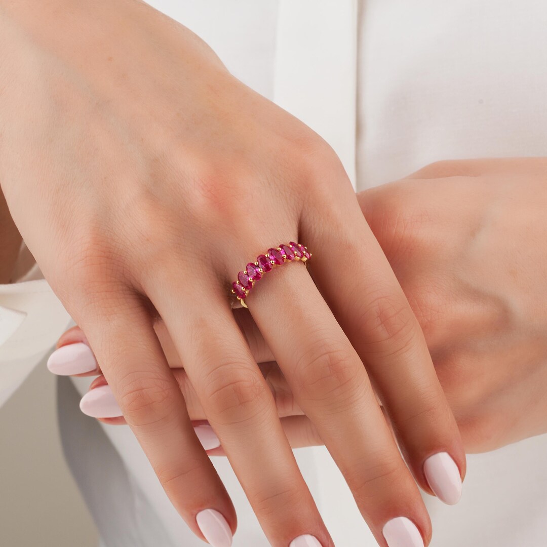 14K Solid Gold Ruby Ring, Oval Cut Half Eternity Ruby Ring, Stackable Natural Genuine Ruby Ring ...