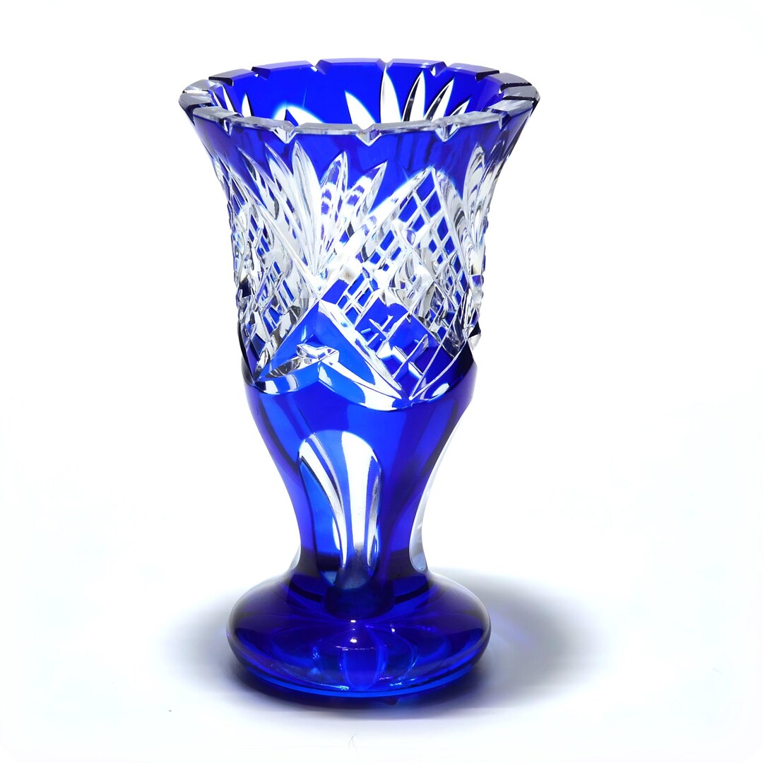 Blue Lead Crystal Vase, Handcrafted Cut Glass Geometric Pattern Bohemia ...