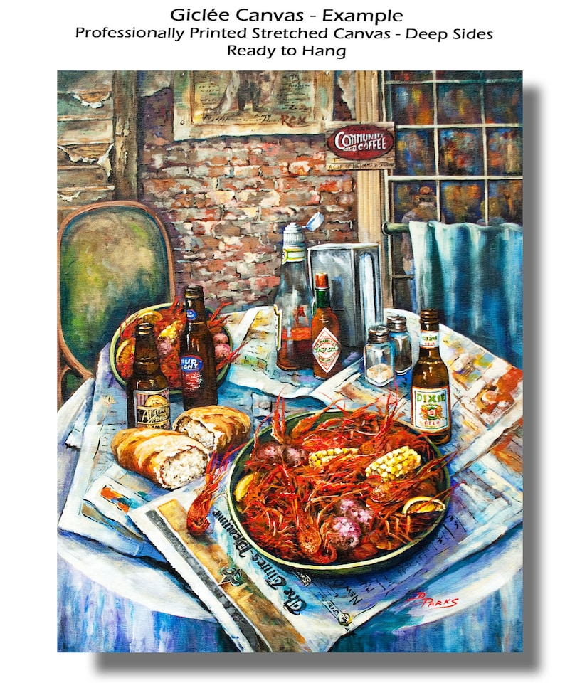 Crawfish Boil Art Print or Giclée Canvas, New Orleans Seafood Table ...