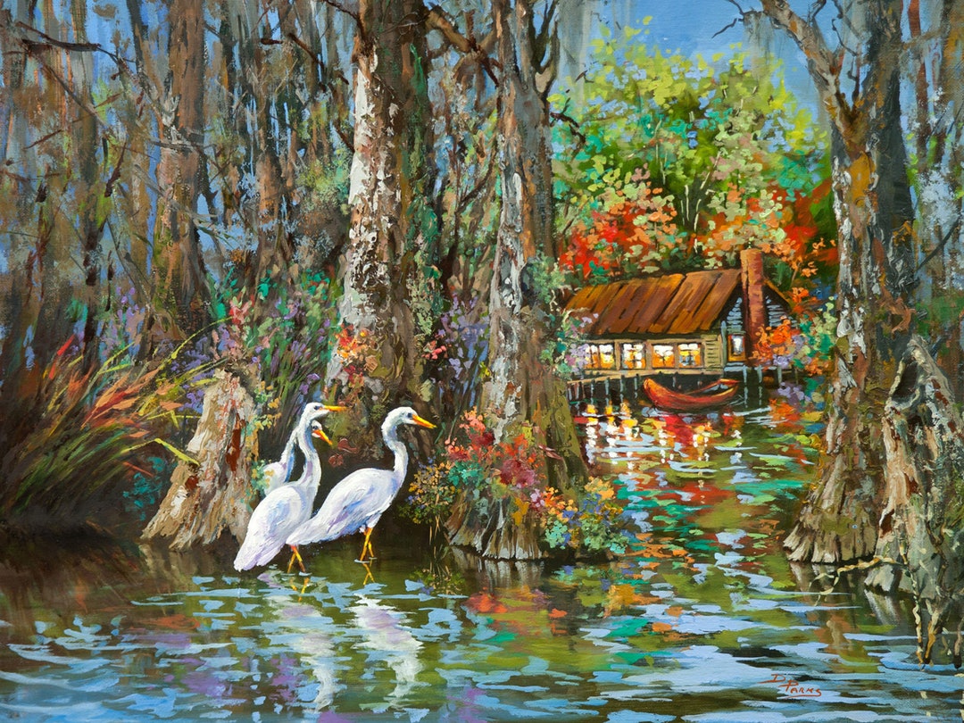 Louisiana Bayou Painting: Egrets, Herons, and Swamp Cabin Art Print or ...