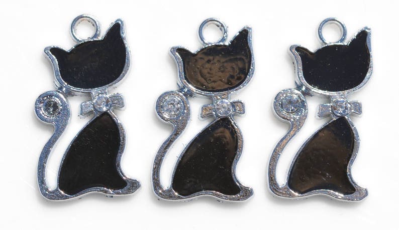 5 Black Enamel Cat With Rhinestone Charms SC5227 - Etsy