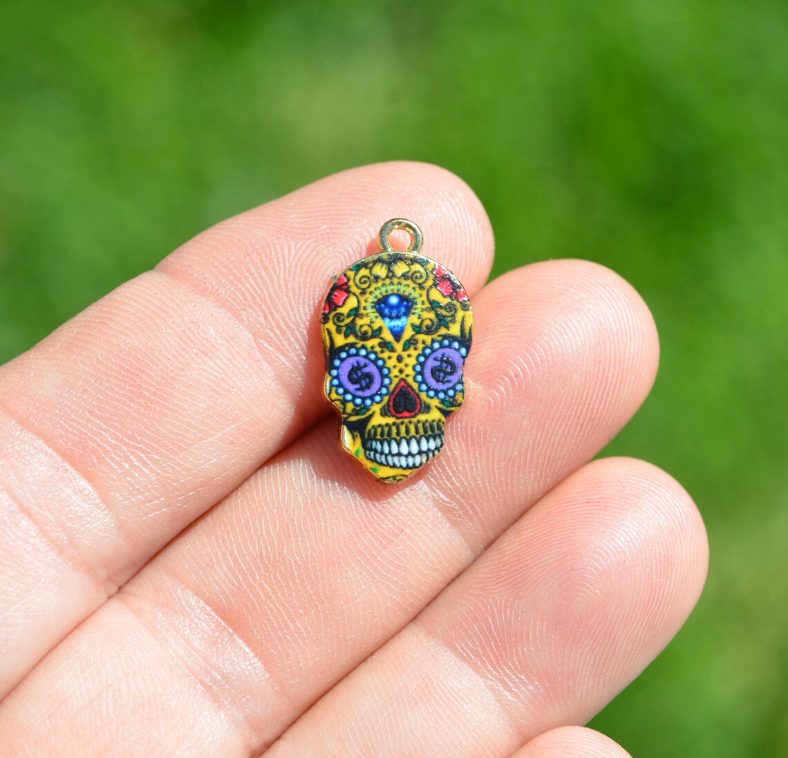1 Gold Plated and Enamel Sugar Skull Charm GC3602 | Etsy