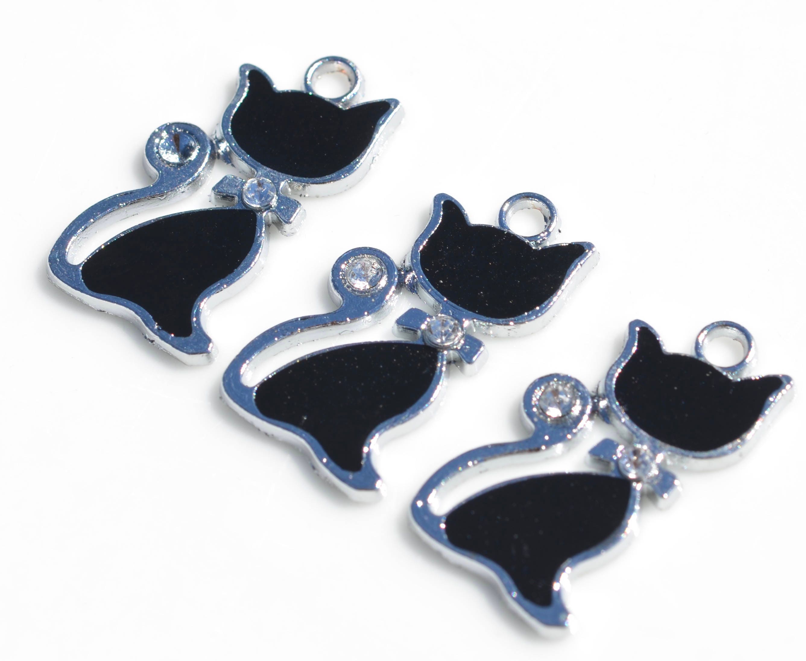 5 Black Enamel Cat With Rhinestone Charms SC5227 - Etsy