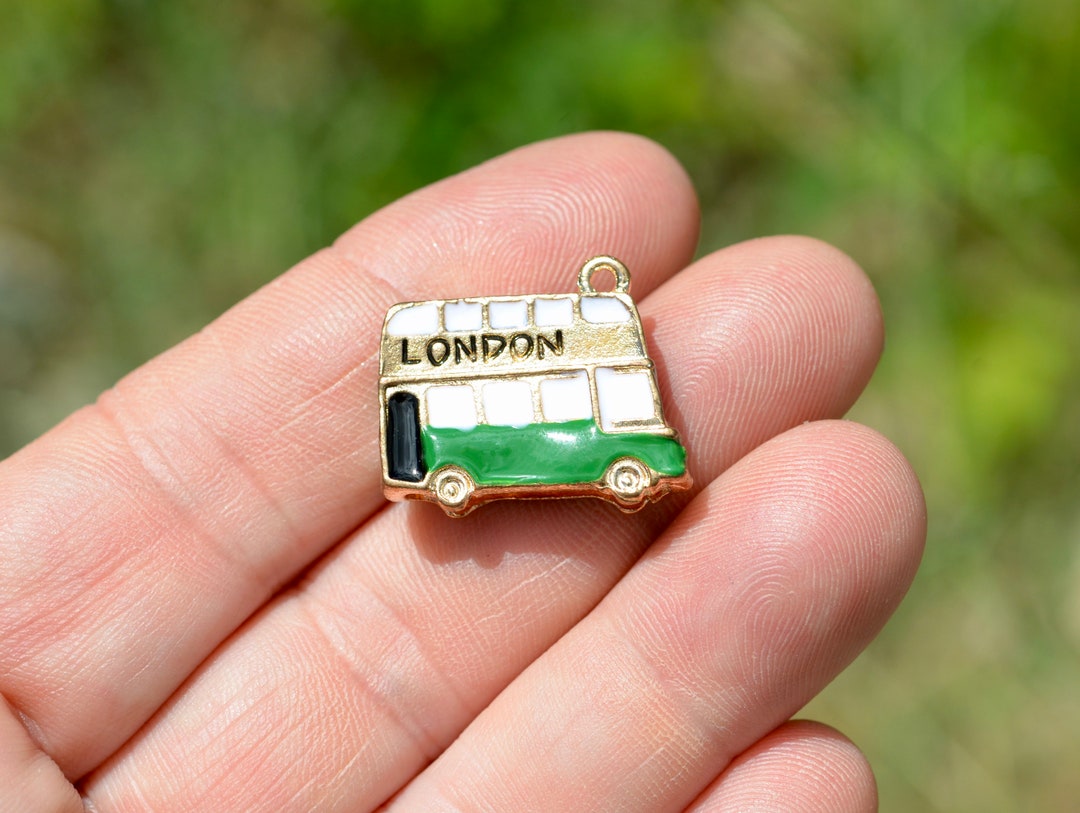 5 Double Decker London Bus Charms Gold Plated With Green and White ...