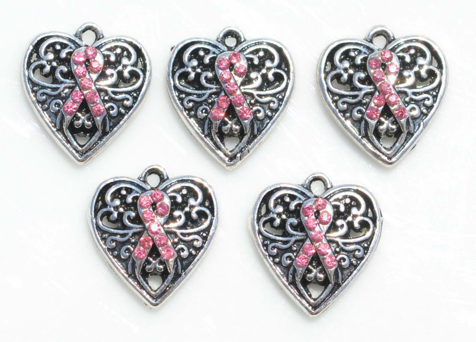 5 Pink Rhinestone Cancer Awareness Ribbon Heart Charms SC6501 - Etsy
