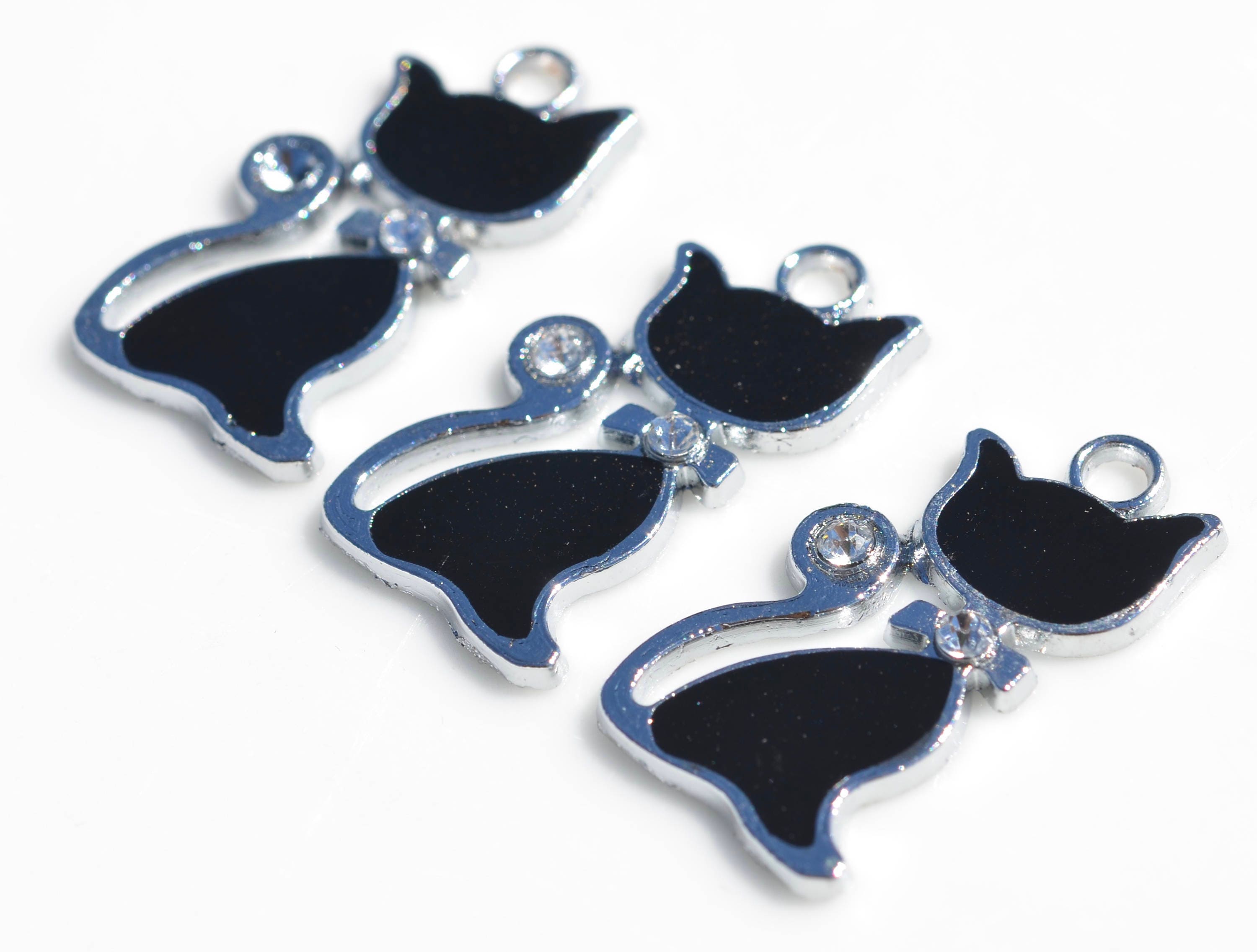 5 Black Enamel Cat with Rhinestone Charms SC5227 | Etsy