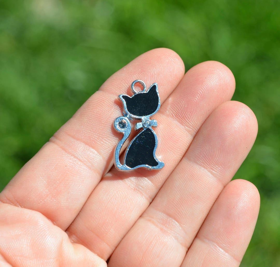5 Black Enamel Cat With Rhinestone Charms SC5227 - Etsy
