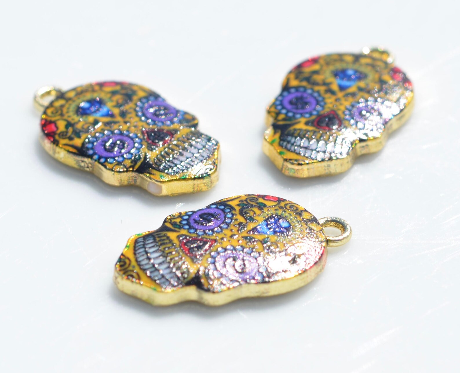 1 Gold Plated and Enamel Sugar Skull Charm GC3602 | Etsy