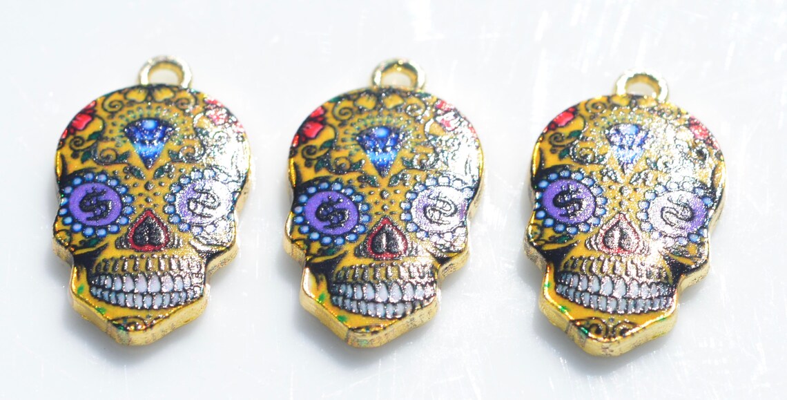 1 Gold Plated and Enamel Sugar Skull Charm GC3602 | Etsy