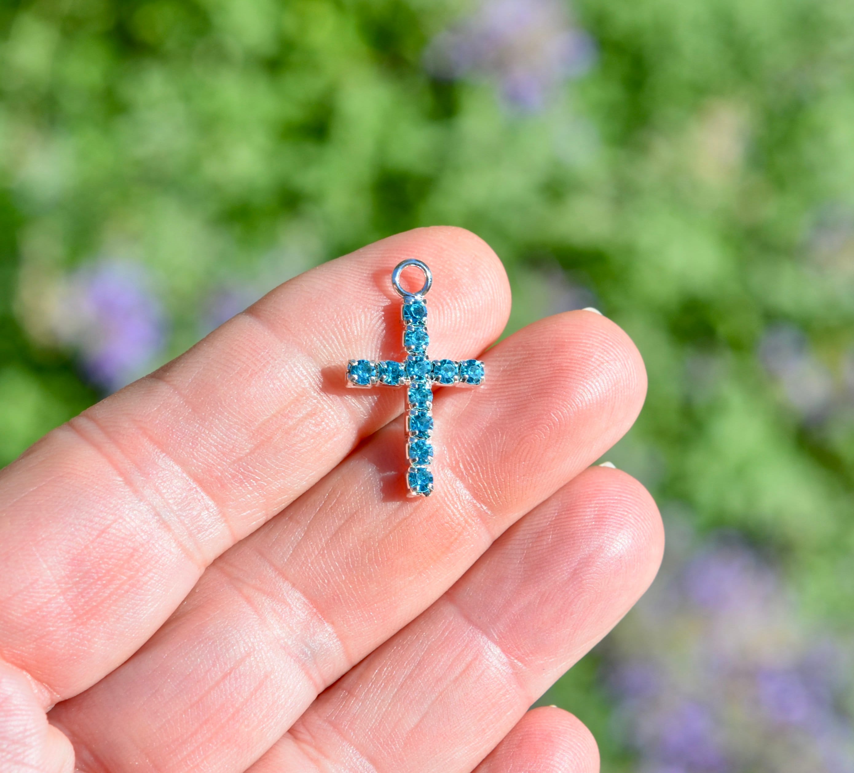 5 Blue Rhinestone Cross Bright Silver Plated Charms SC6553 - Etsy