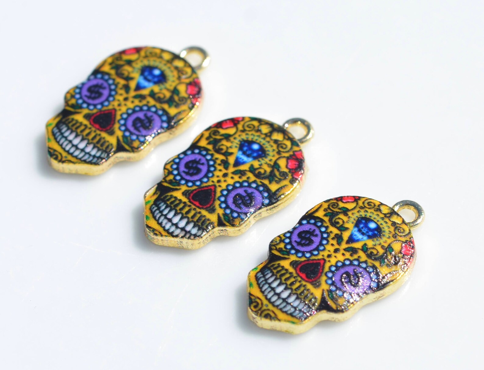 5 Sugar Skull Gold Tone With Enamel Charms GC3602 - Etsy