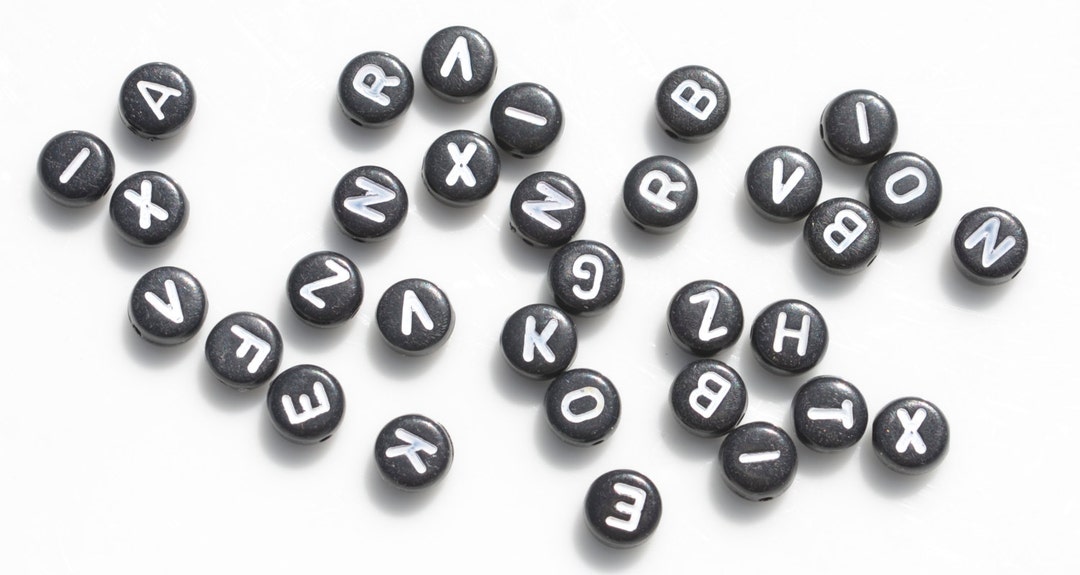 BULK 150 Black Acrylic Letter Beads, 7mm, Mixed Letters, Round Alphabet ...