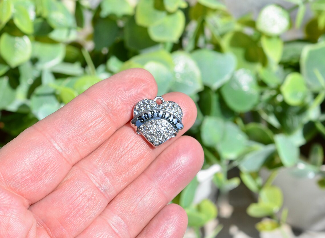 BULK 10 Rhinestone Softball Silver Tone Heart Charms SC2915 | Etsy
