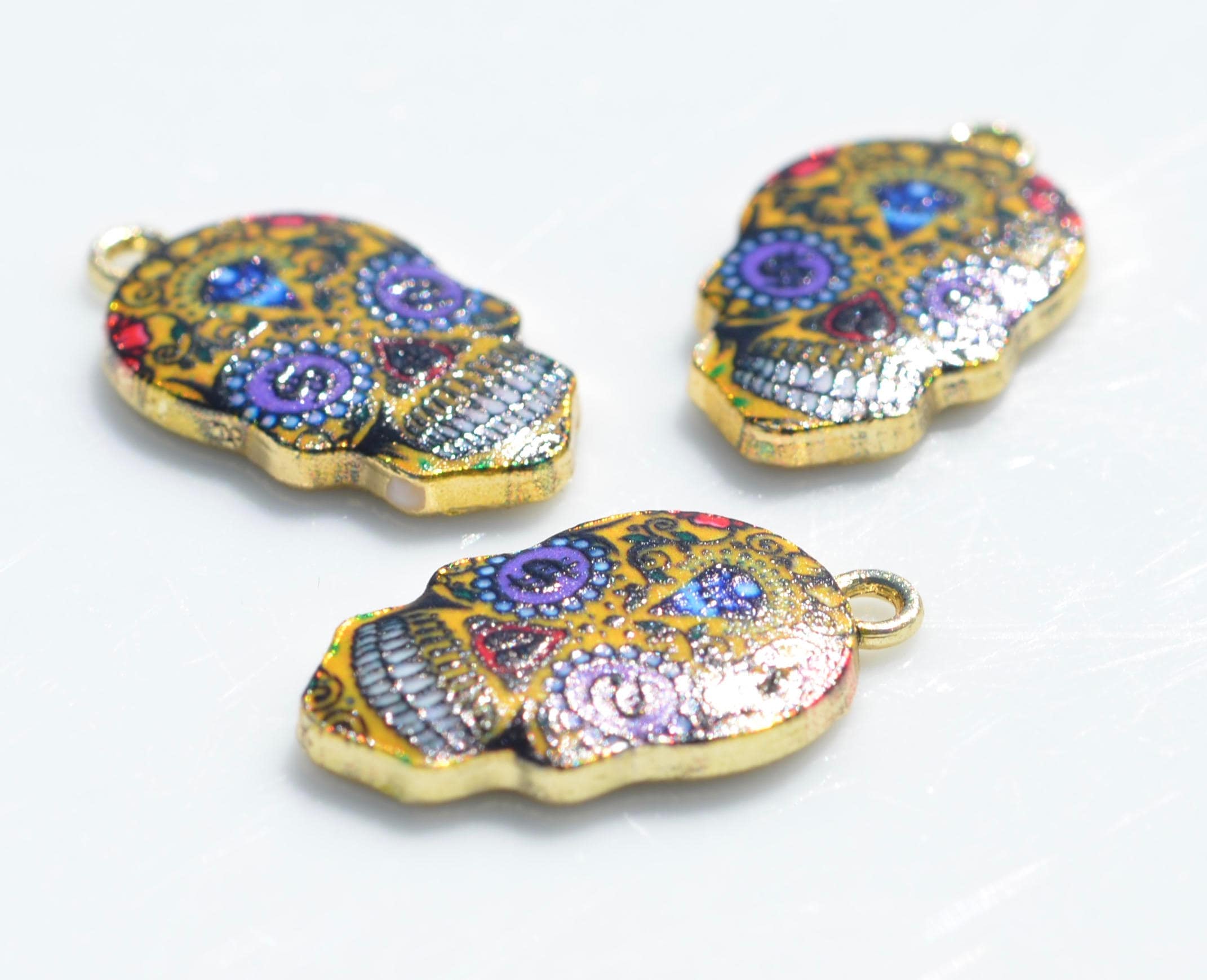 5 Sugar Skull Gold Tone With Enamel Charms GC3602 | Etsy