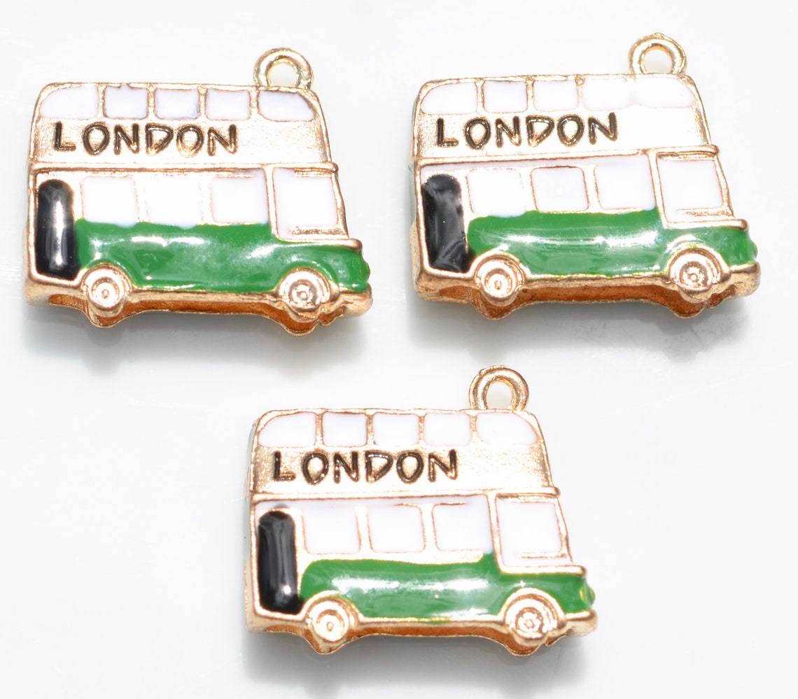 5 Double Decker London Bus Charms Gold Plated With Green and - Etsy