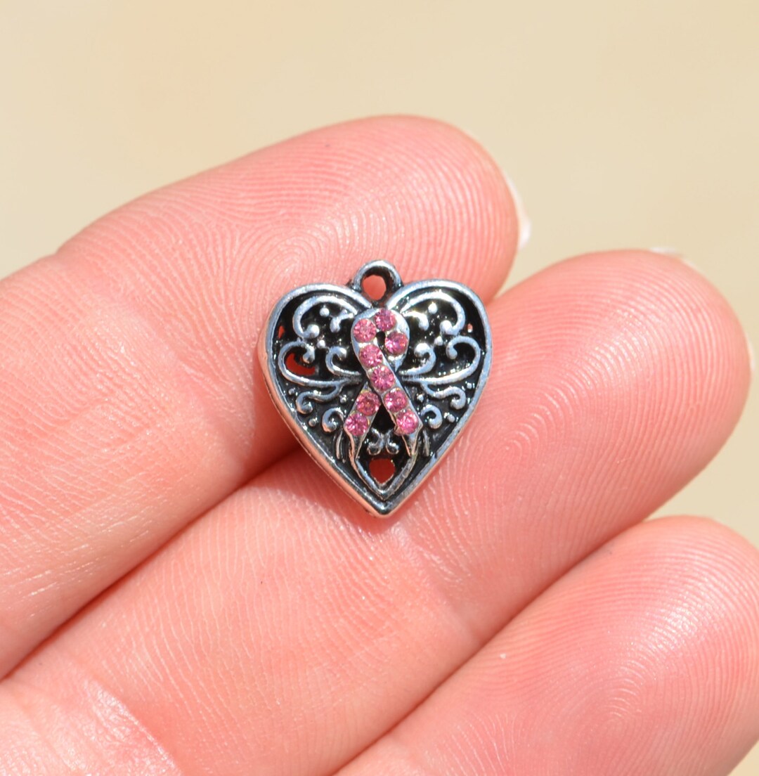 5 Pink Rhinestone Cancer Awareness Ribbon Heart Charms SC6501 - Etsy