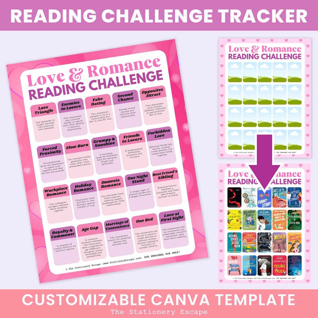 Romance Reading Challenge Tracker, Canva Template, Love Story Challenge ...
