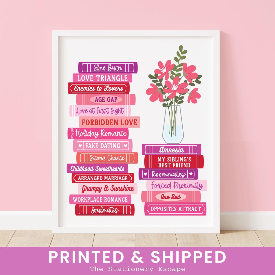 Romance Tropes Book Stack Art Print, Bookish Wall Art, Love Stories ...