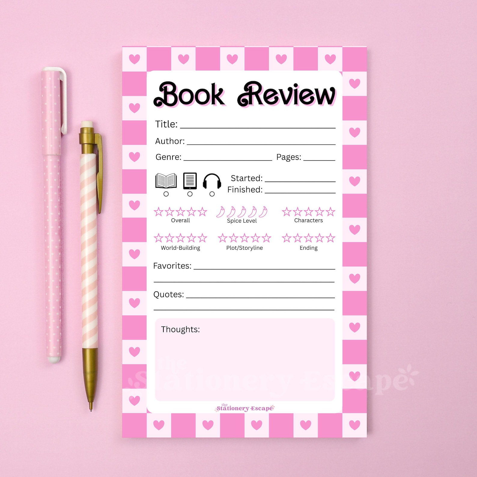 Book Review Notepad for Readers and Book Lovers, Pink Hearts, Bookish ...