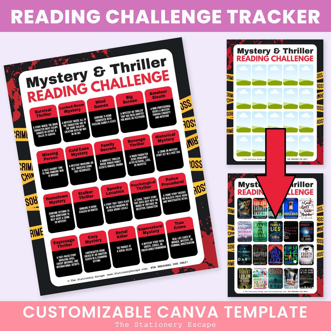 Mystery & Thriller Reading Challenge, Book Tracker, Editable Canva ...