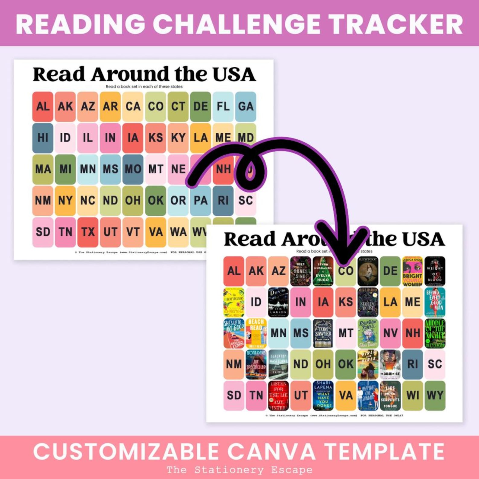 USA Reading Challenge Tracker, Book Map, United States Reading ...