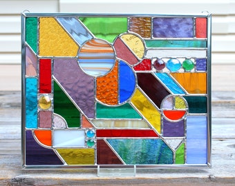Multicolored Round Geometric Stained Glass Panel - Etsy