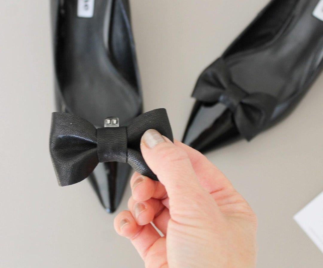 Black Leather Shoe Clip. (pair of 7 Cm - 2.75 Inches) Small Size Bow ...
