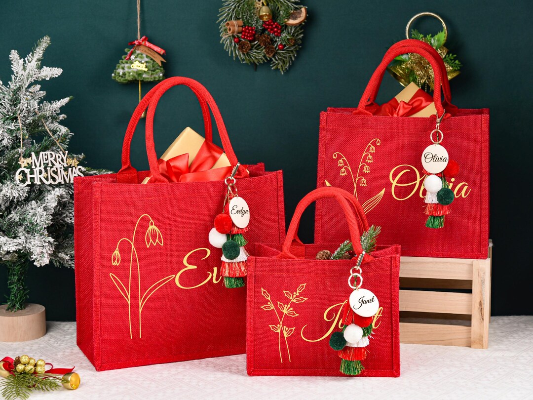 2026 Personalized Birth Month Flower Christmas Gift Bags,red Xmas Gift ...