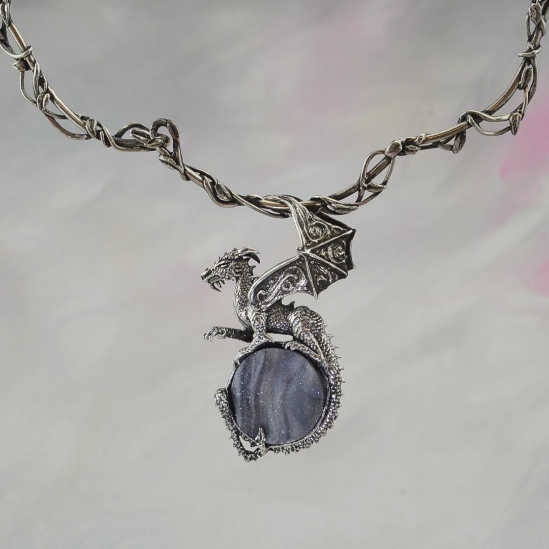 Dragon Pendant on Neckwire in Sterling Silver With Druzy Chalcedony - Etsy