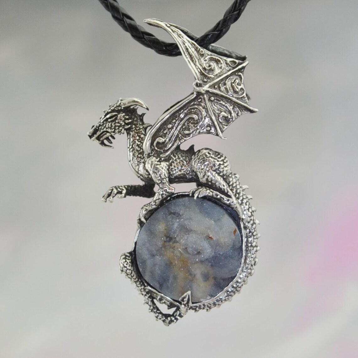 Dragon Pendant on Neckwire in Sterling Silver With Druzy Chalcedony - Etsy