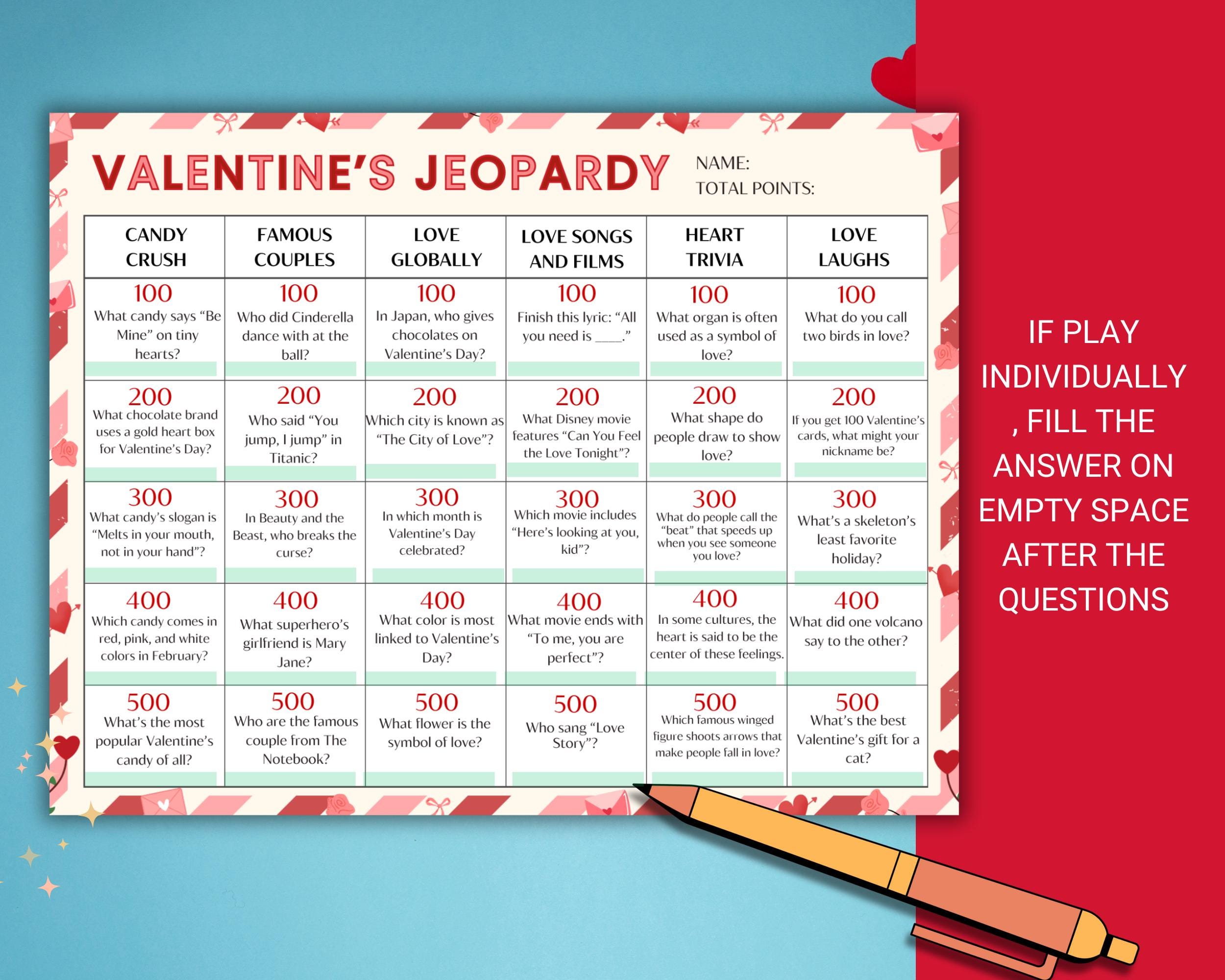 Valentines Jeopardy Game Printable Galentine Trivia, Fun Game for Kids ...